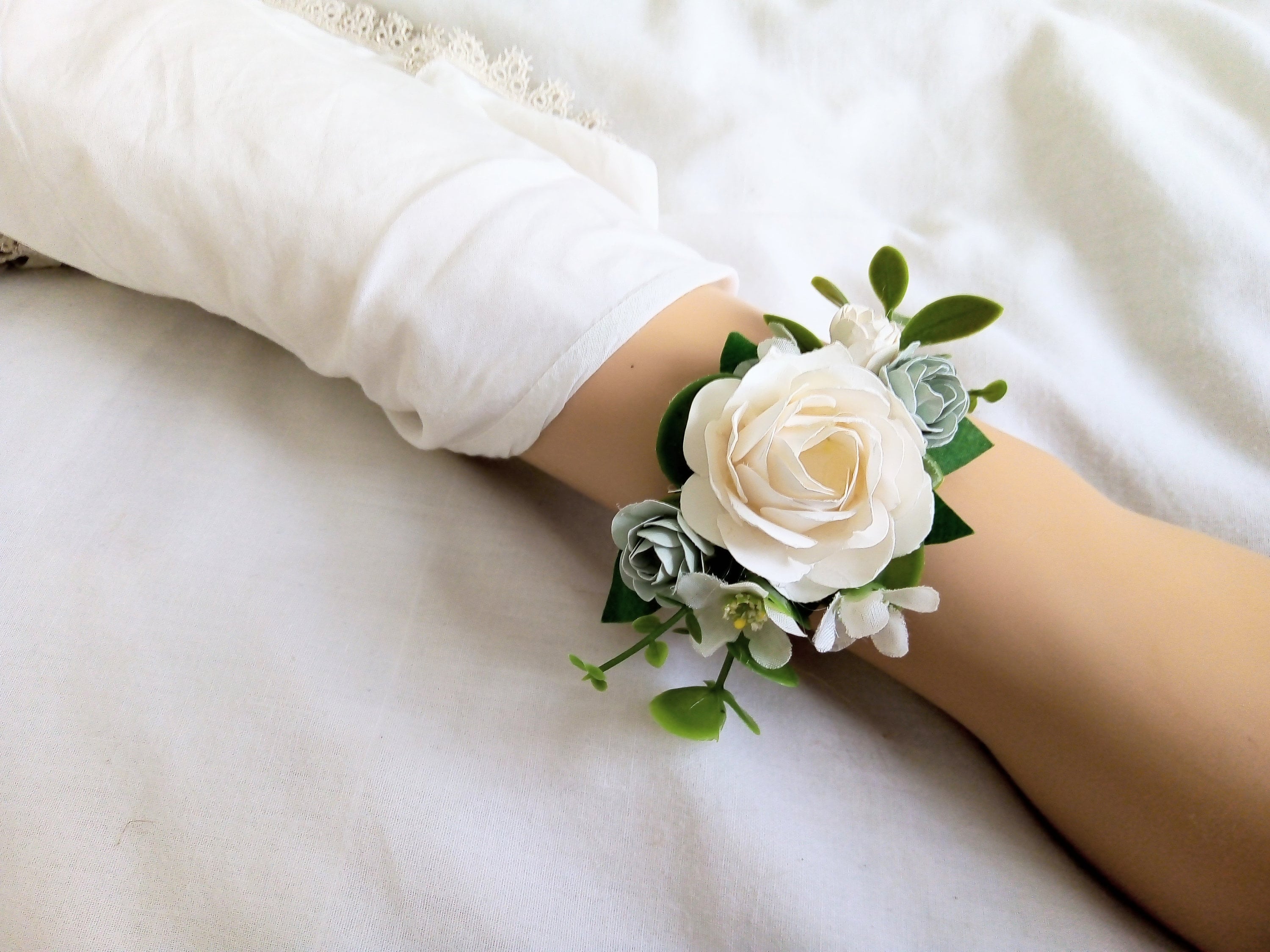 Wedding Wrist Corsage Sage Green and off White - Etsy