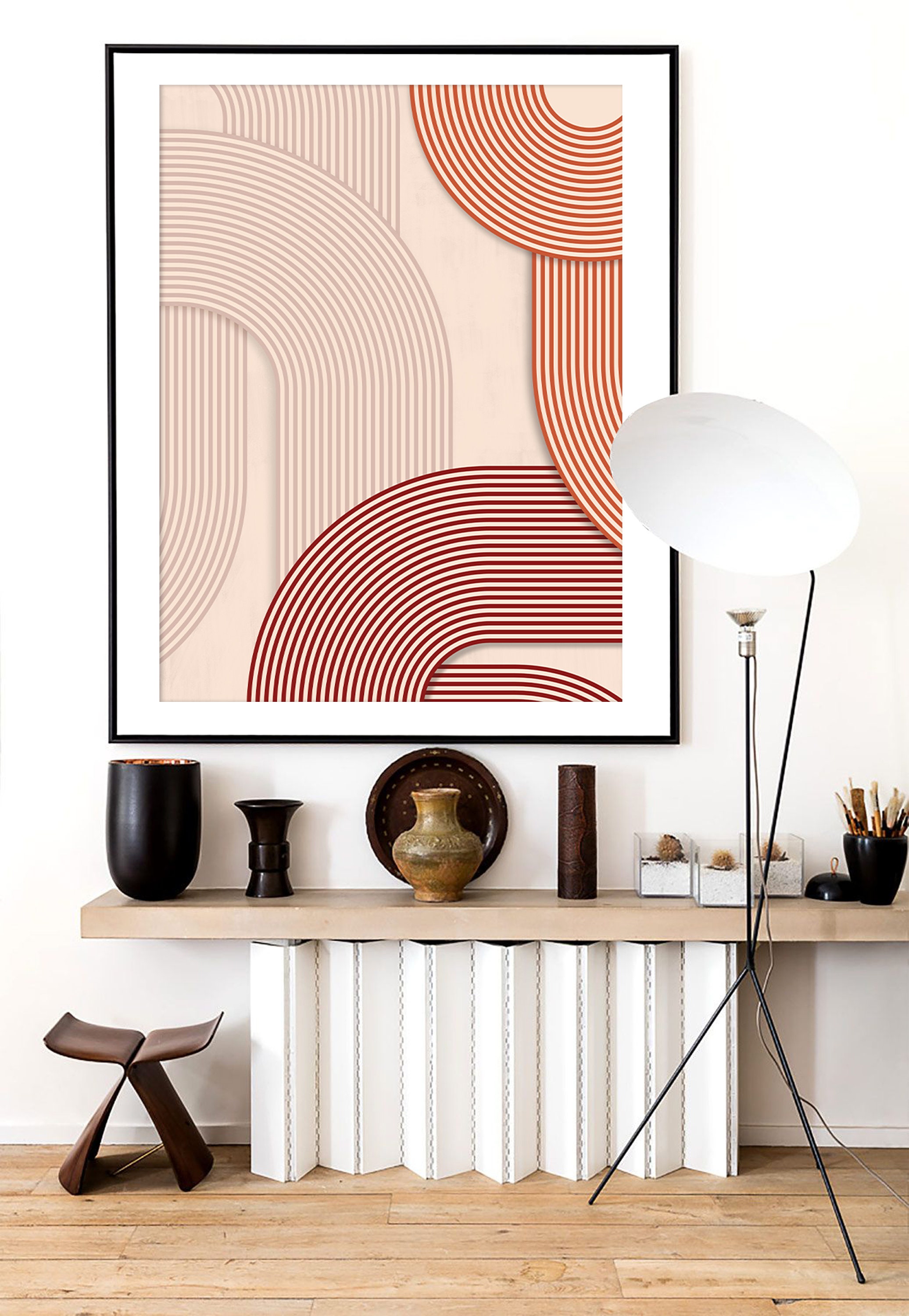 Mid Century Wave Abstract, Modern Digital Art, Minimal Line Art, Beige ...
