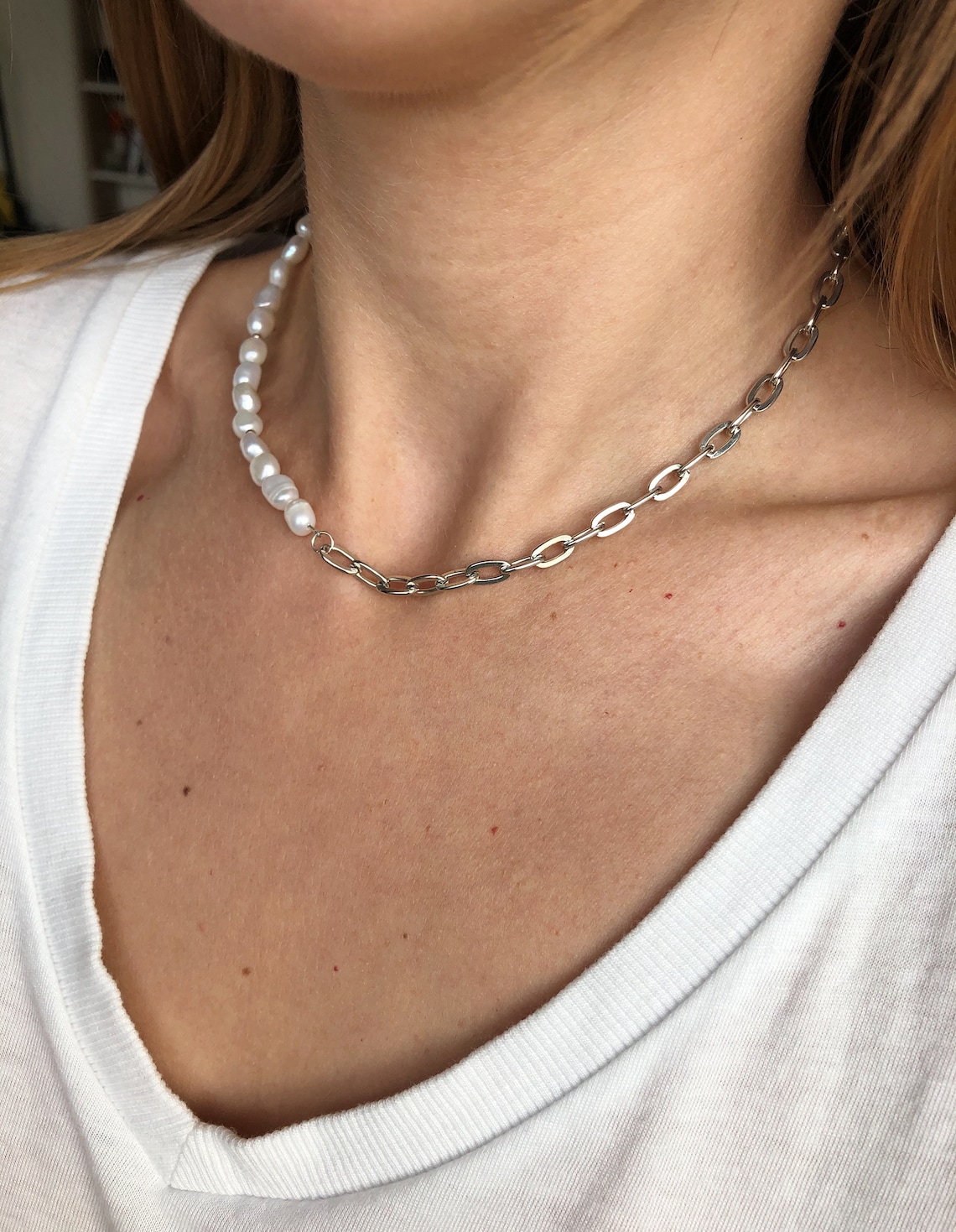 Pearl Chain Necklace, Half Pearl and Chain Necklace, Pearl Choker Chain ...