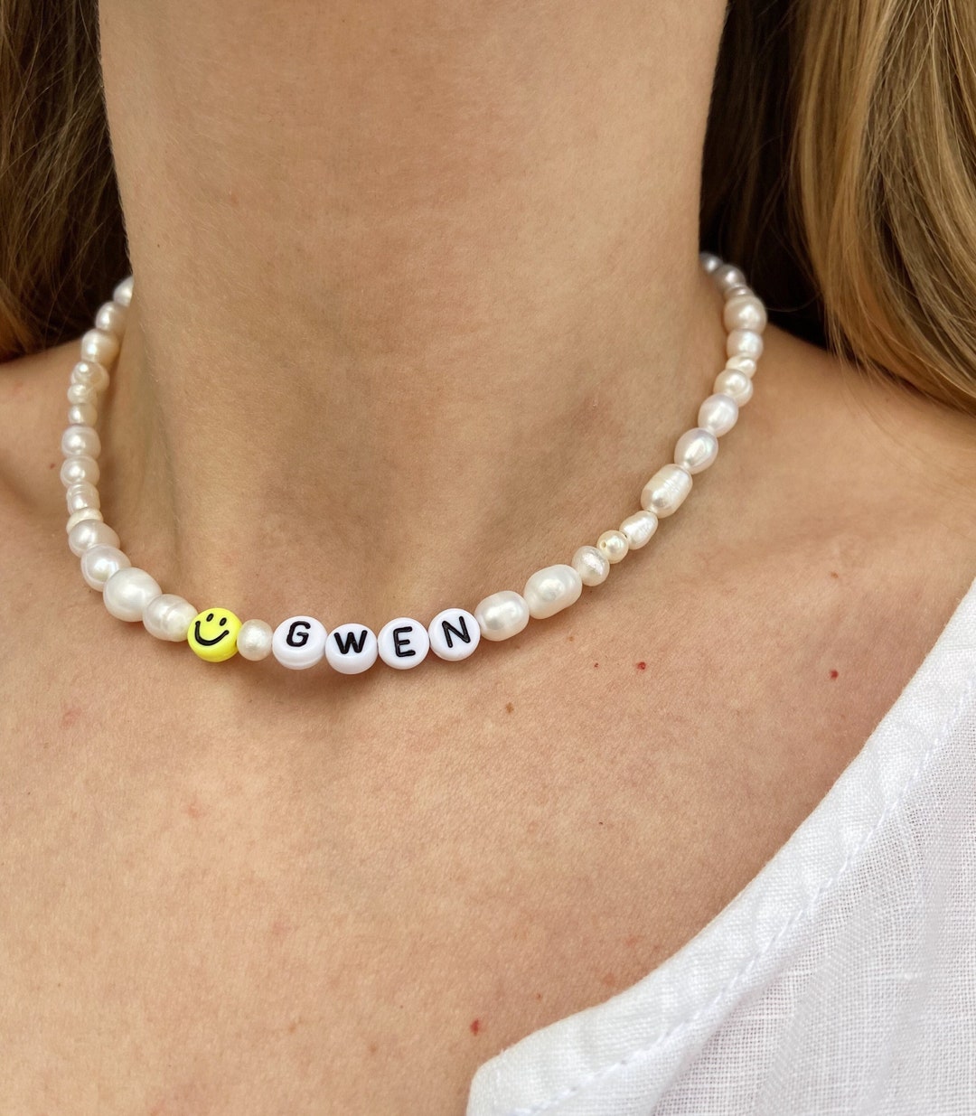 Pearl Name Necklace, Real Pearl Necklace, Smiley Face Necklace, Custom ...