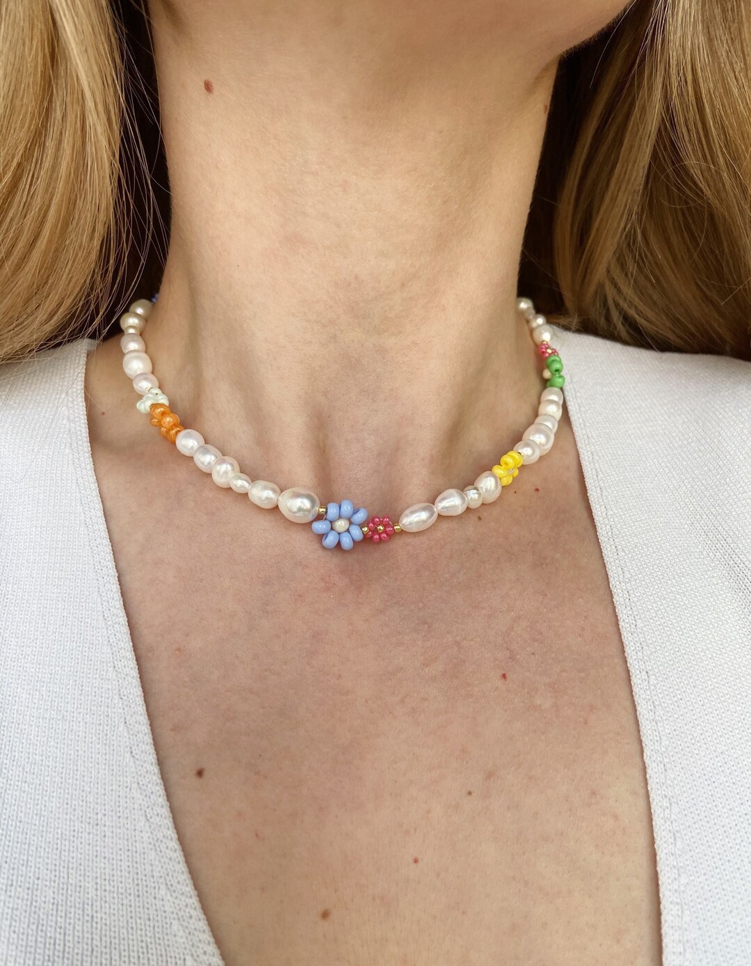 Flower Necklace, Beaded Necklaces, Multi Color Necklace , Pearl ...