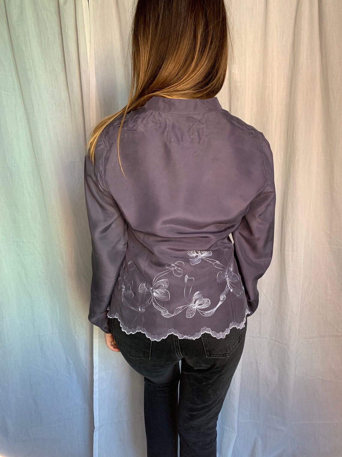 Vintage Silk Grape Mauve Embroidery Blouse Buff Sleevs M L - Etsy
