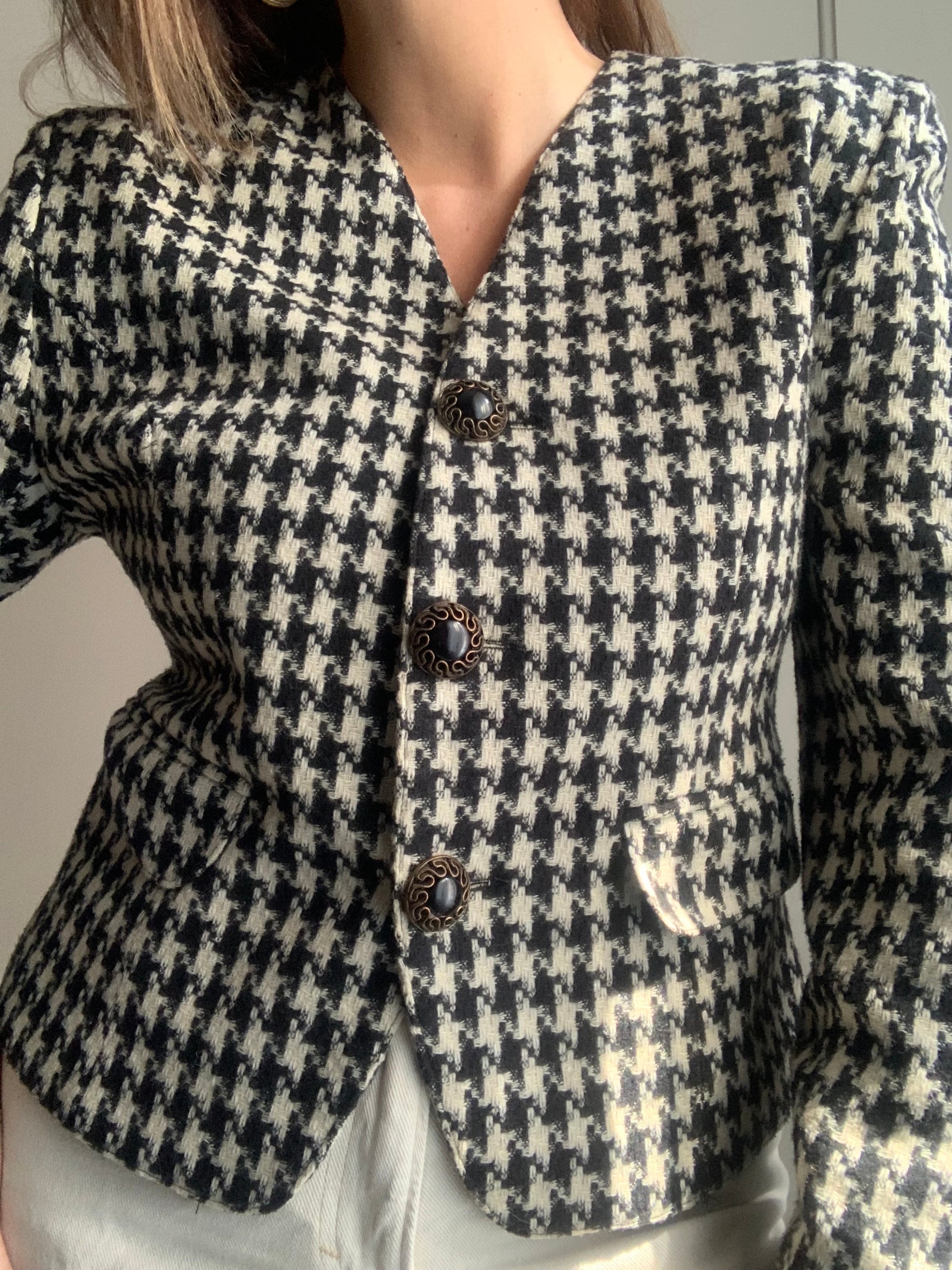 80s Dogtooth Pattern Shepherd's Plaid Black White Wool Blazer Jacket ...
