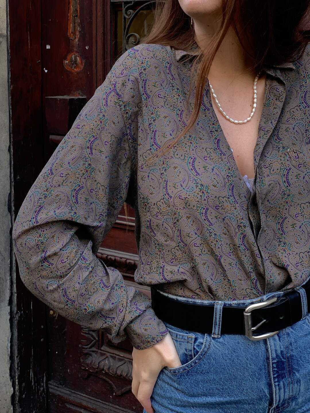 Vintage Unisex Viscose Pattern Blouse Shirt Grey Violet Eclectic ...