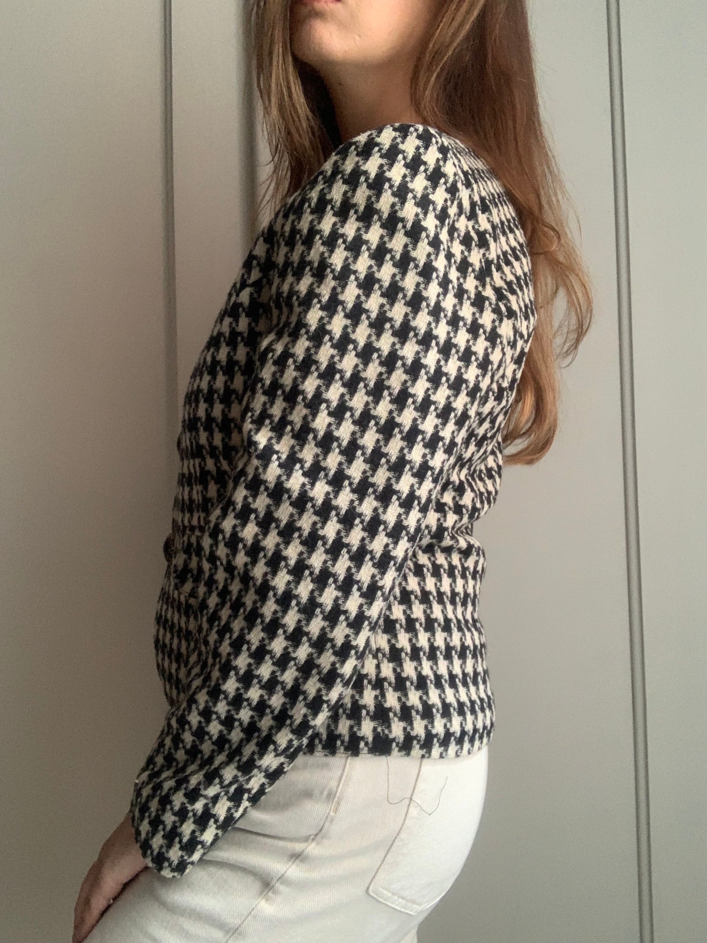 80s Dogtooth Pattern Shepherd's Plaid Black White Wool Blazer Jacket ...