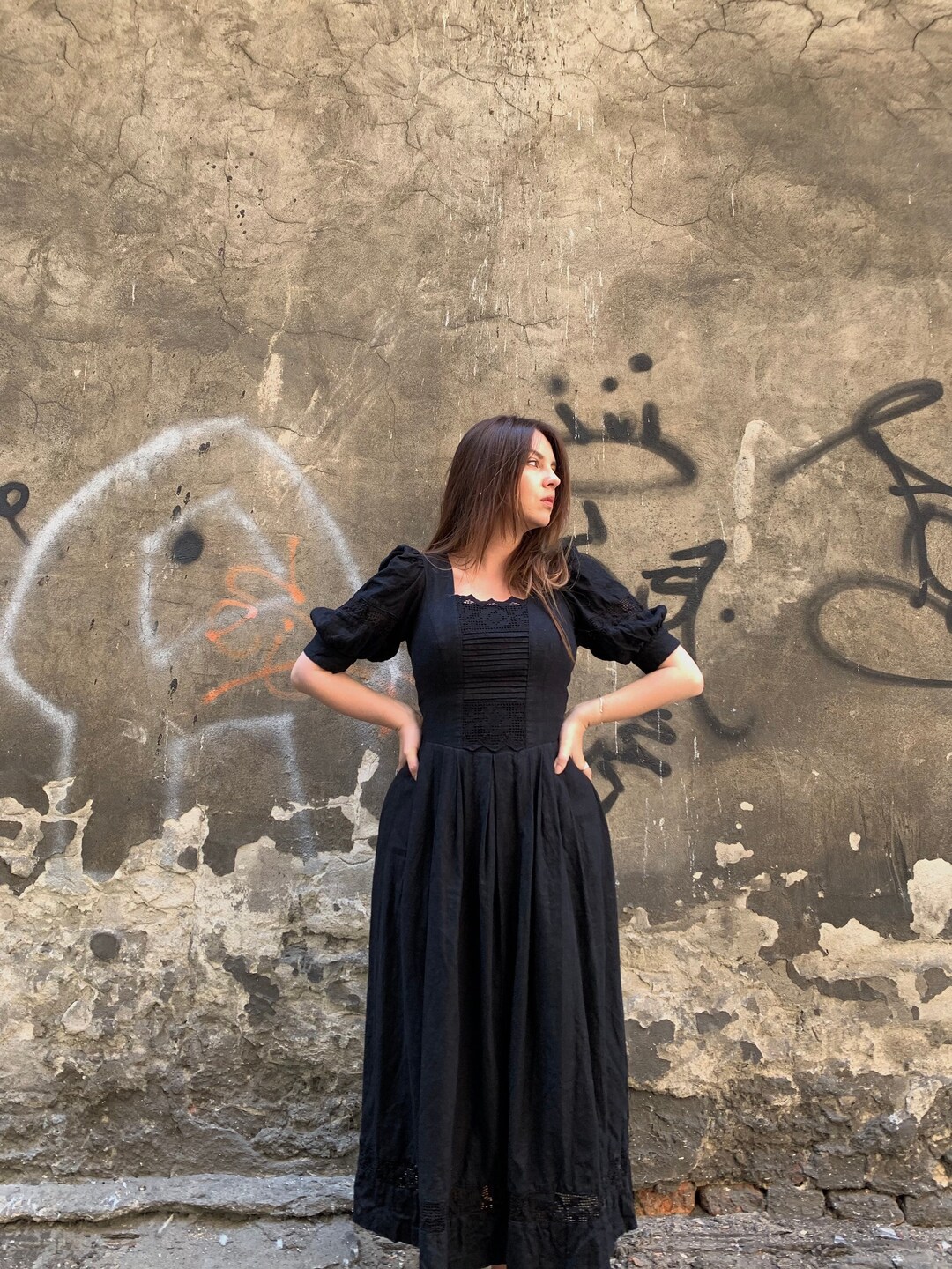 Vintage Unique Austrian Linen Maxi Midi Dress Pleated Ambroidery Laces ...