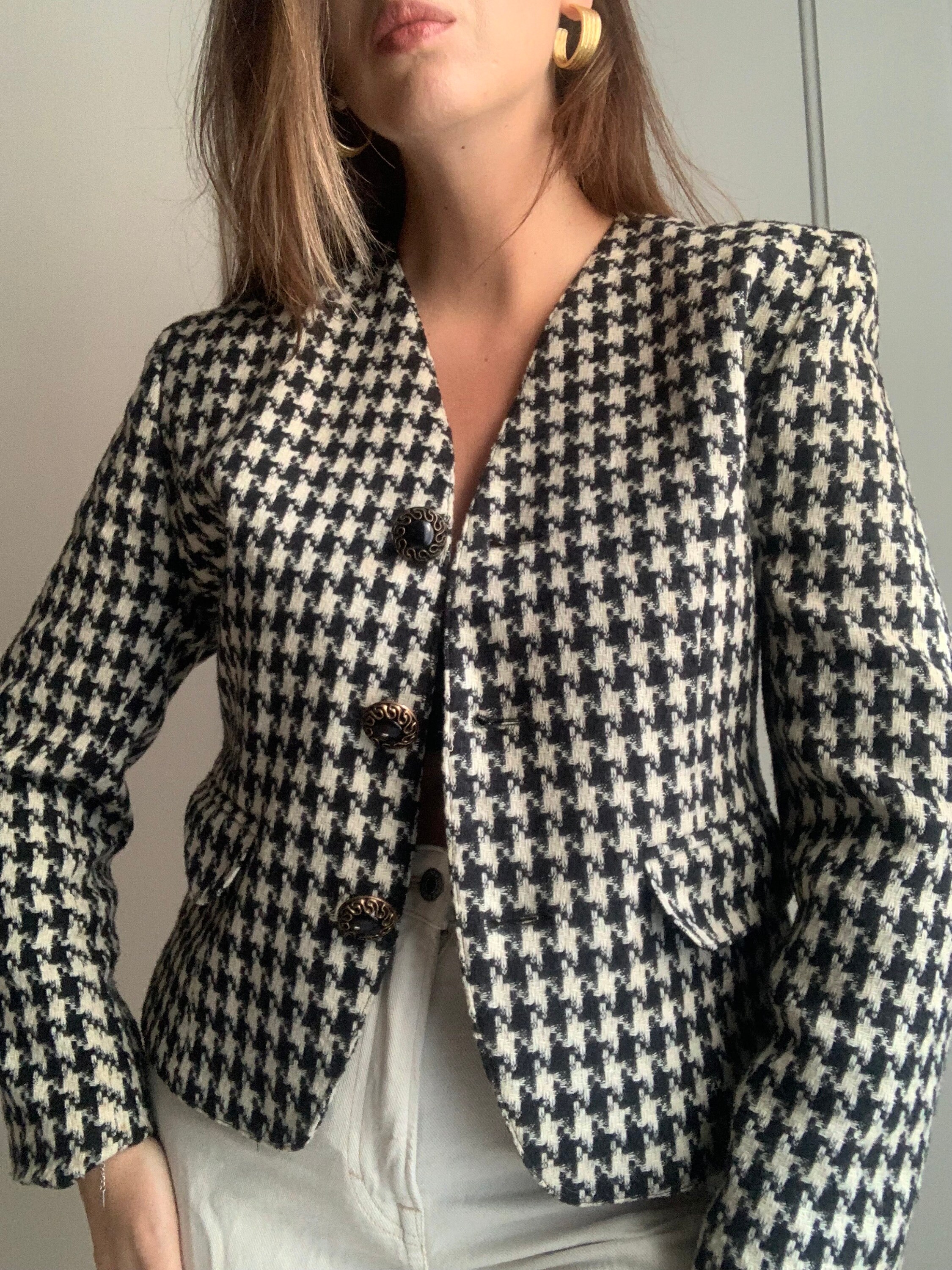 80s Dogtooth Pattern Shepherd's Plaid Black White Wool Blazer Jacket ...