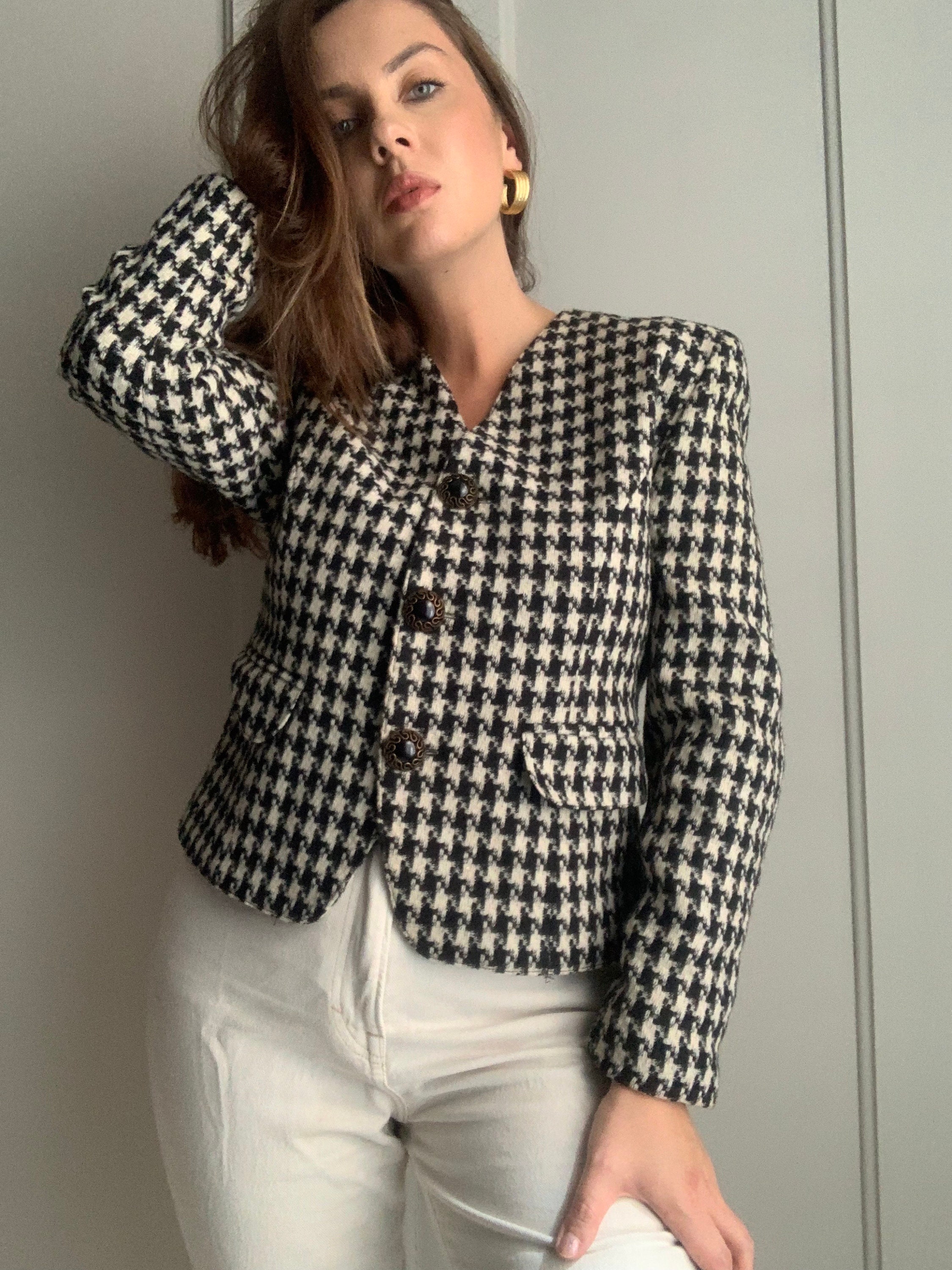 80s Dogtooth Pattern Shepherd's Plaid Black White Wool Blazer Jacket ...