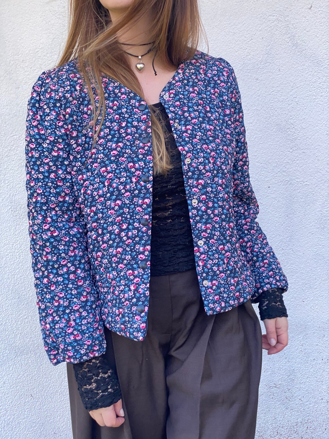 Flower Jacket, Spring Boxy Jacket, Vinatge Floral Coat, Navy Pattern ...