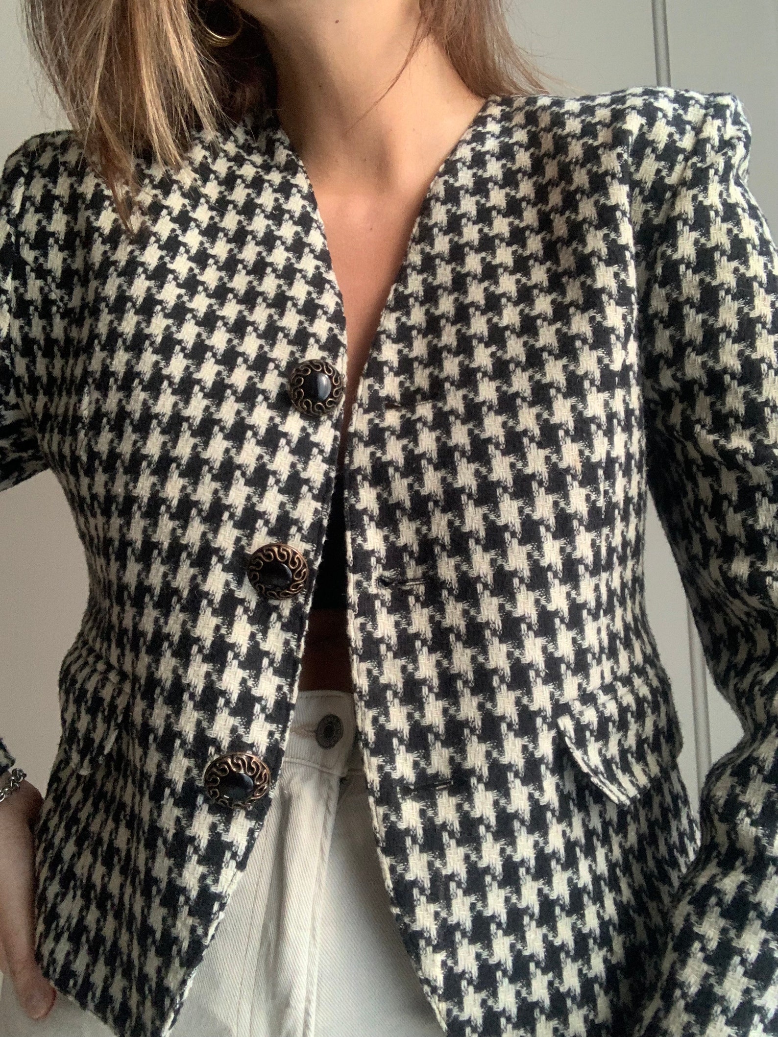 80s Dogtooth Pattern Shepherd's Plaid Black White Wool Blazer Jacket ...