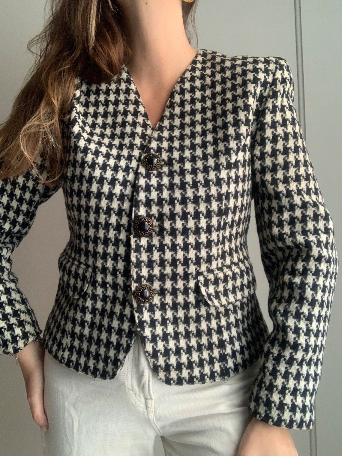80s Dogtooth Pattern Shepherd's Plaid Black White Wool Blazer Jacket ...