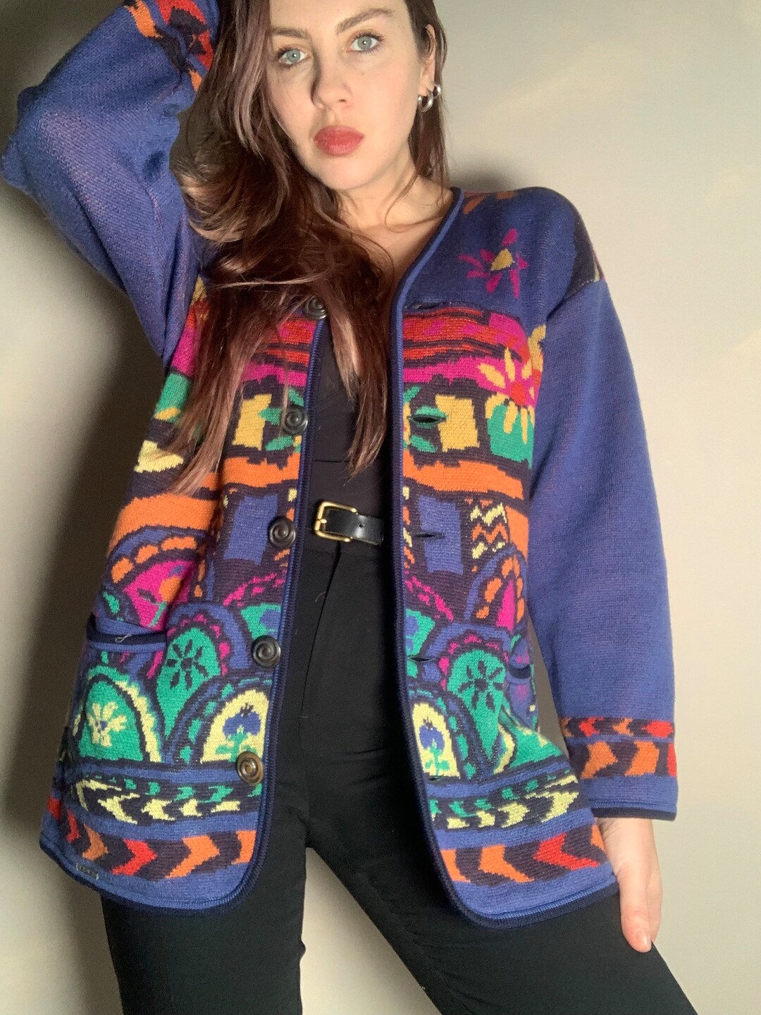 80s 90s Pure Wool Cardigan Coat Jacket Austrian Bright Colorful Cobalt ...