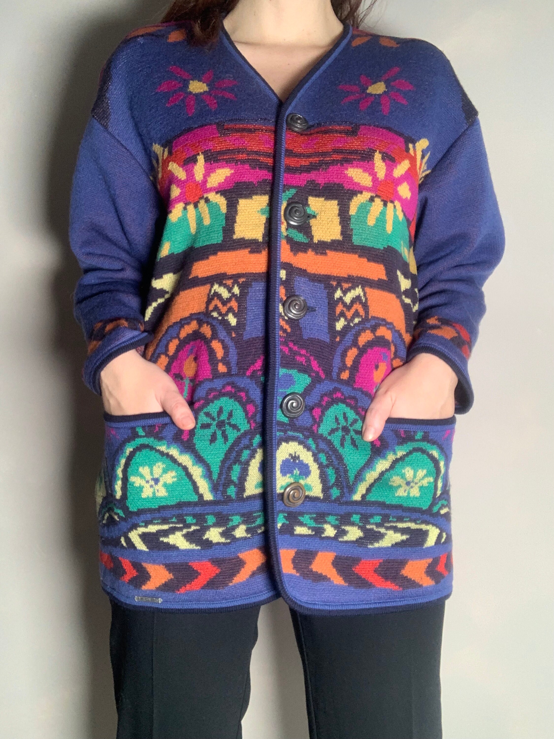 80s 90s Pure Wool Cardigan Coat Jacket Austrian Bright Colorful Cobalt ...