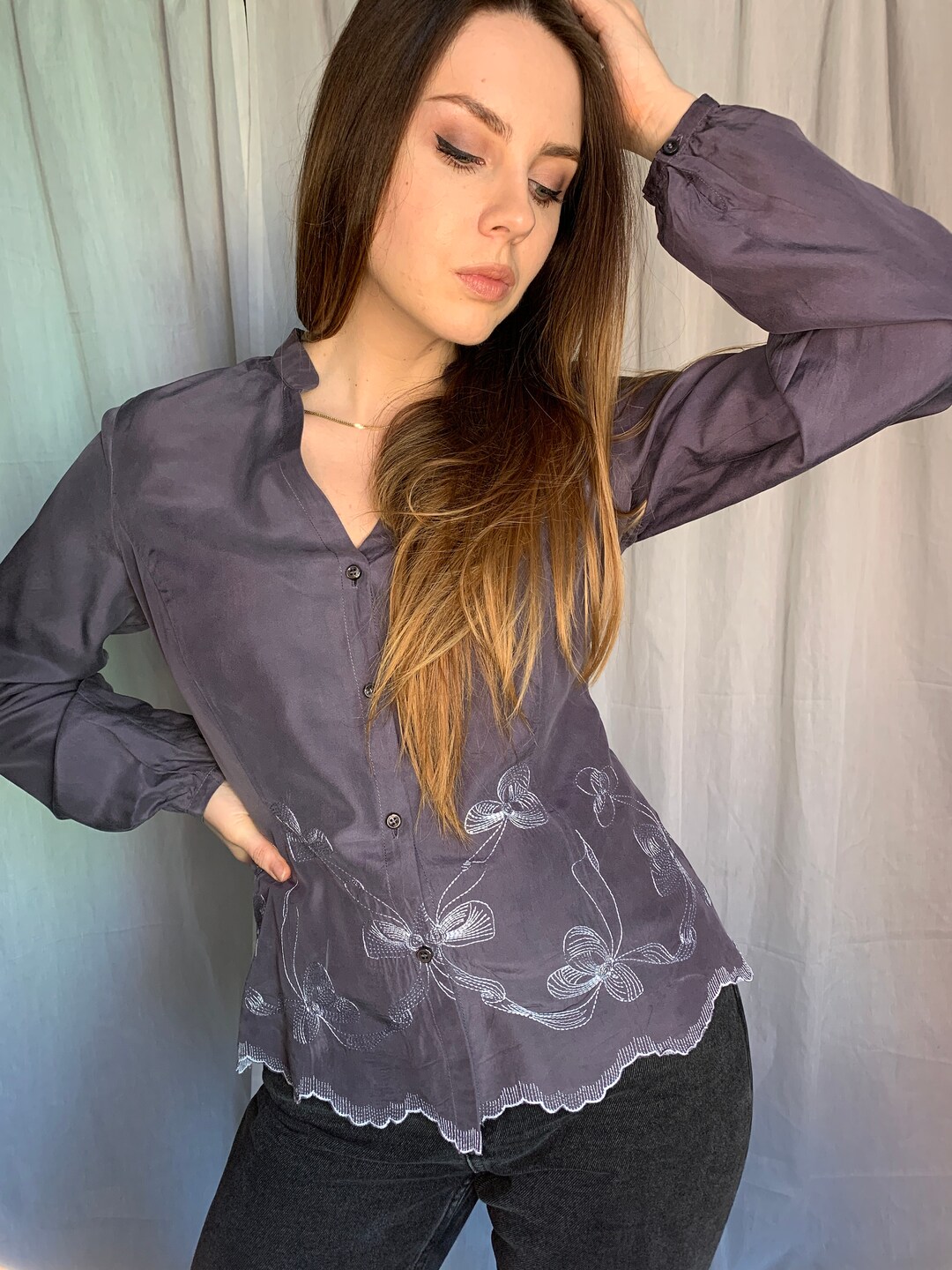 Vintage Silk Grape Mauve Embroidery Blouse Buff Sleevs M L - Etsy