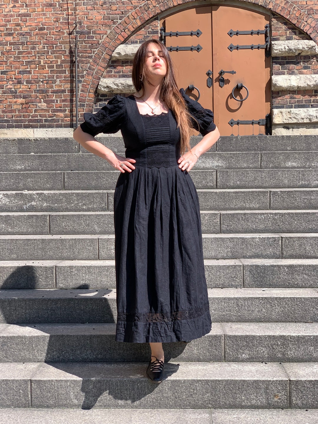 Vintage Unique Austrian Linen Maxi Midi Dress Pleated Ambroidery Laces ...