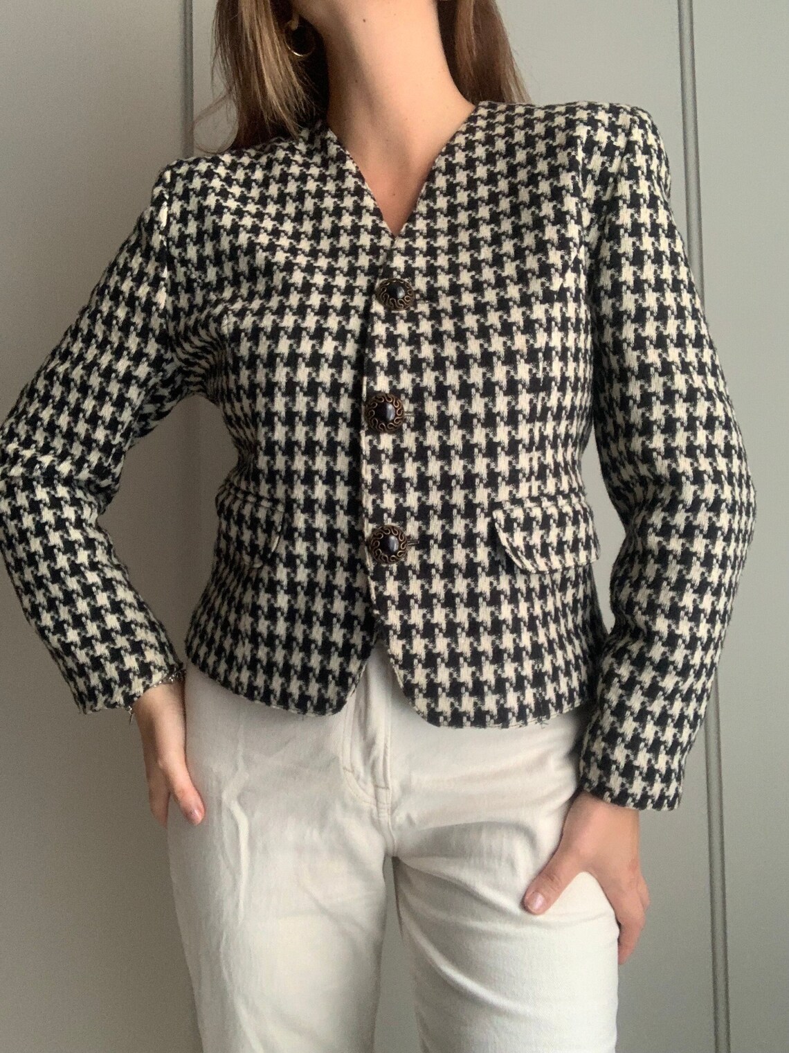 80s Dogtooth Pattern Shepherd's Plaid Black White Wool Blazer Jacket ...