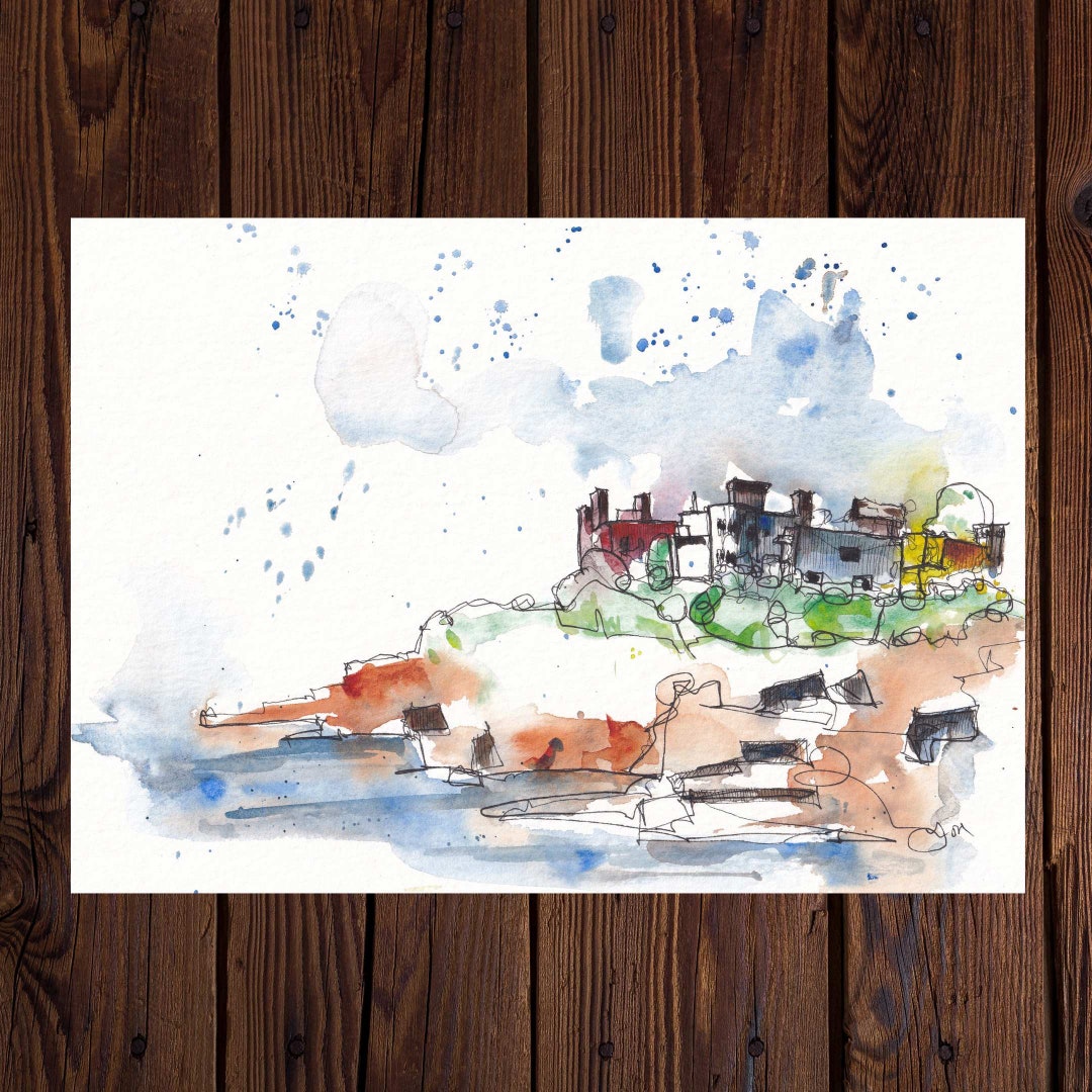 Coastal Village, Isla Mujeres Hand Painted Watercolour and Ink Painting ...