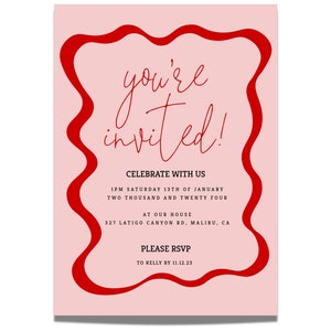 Red/pink Squiggle Invitation, Modern Party Invite, Wavy Invitation Set ...