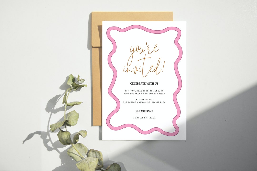 Pink Squiggle Invitation, Modern Party Invite, Wavy Invitation Set ...