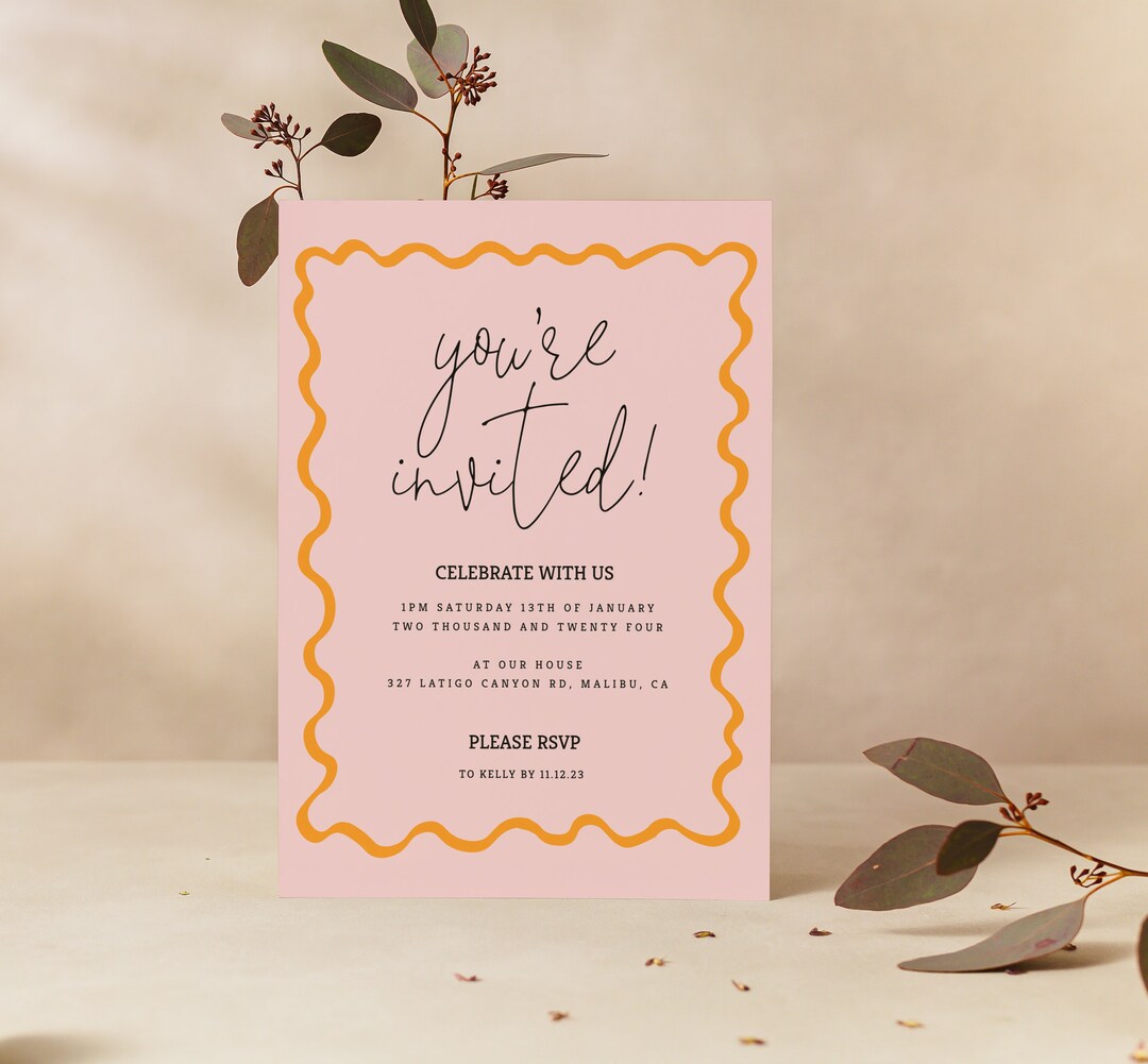 Pink/orange Squiggle Invitation, Modern Party Invite, Wavy Invitation ...