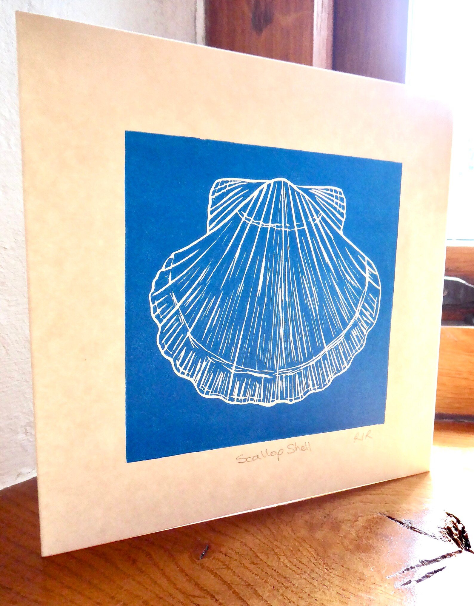 Scallop Shell. Lino Print Greeting Card. Deep Water Blue on - Etsy