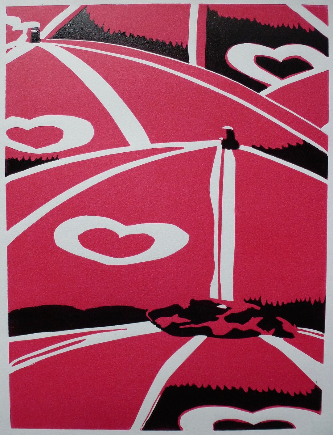 Beach Brollies. Original Reduction Lino Print. Edition of 11. Hand ...