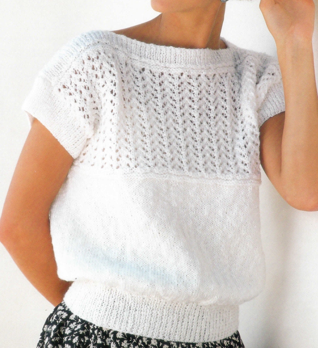 Womens Summer Top Slash Neck Short Sleeve Lacy Sweater Knitting Pattern ...