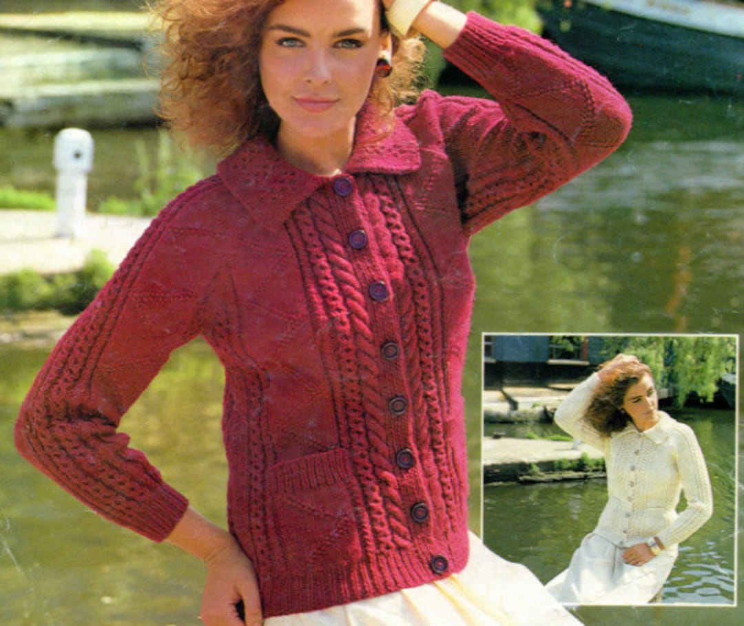 Aran Coat Jacket Knitting Pattern Womens/easy Cardigan Vintage Knit ...