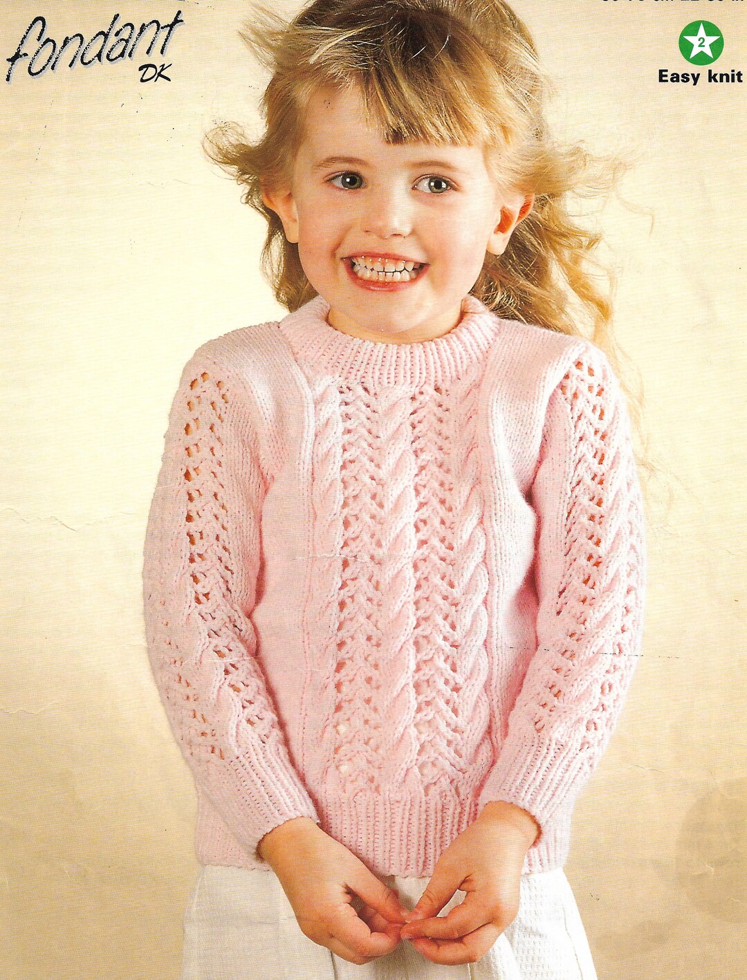 Girls Sweater Knitting Pattern, Lacy Crew Neck Long Sleeve Cable Knit ...