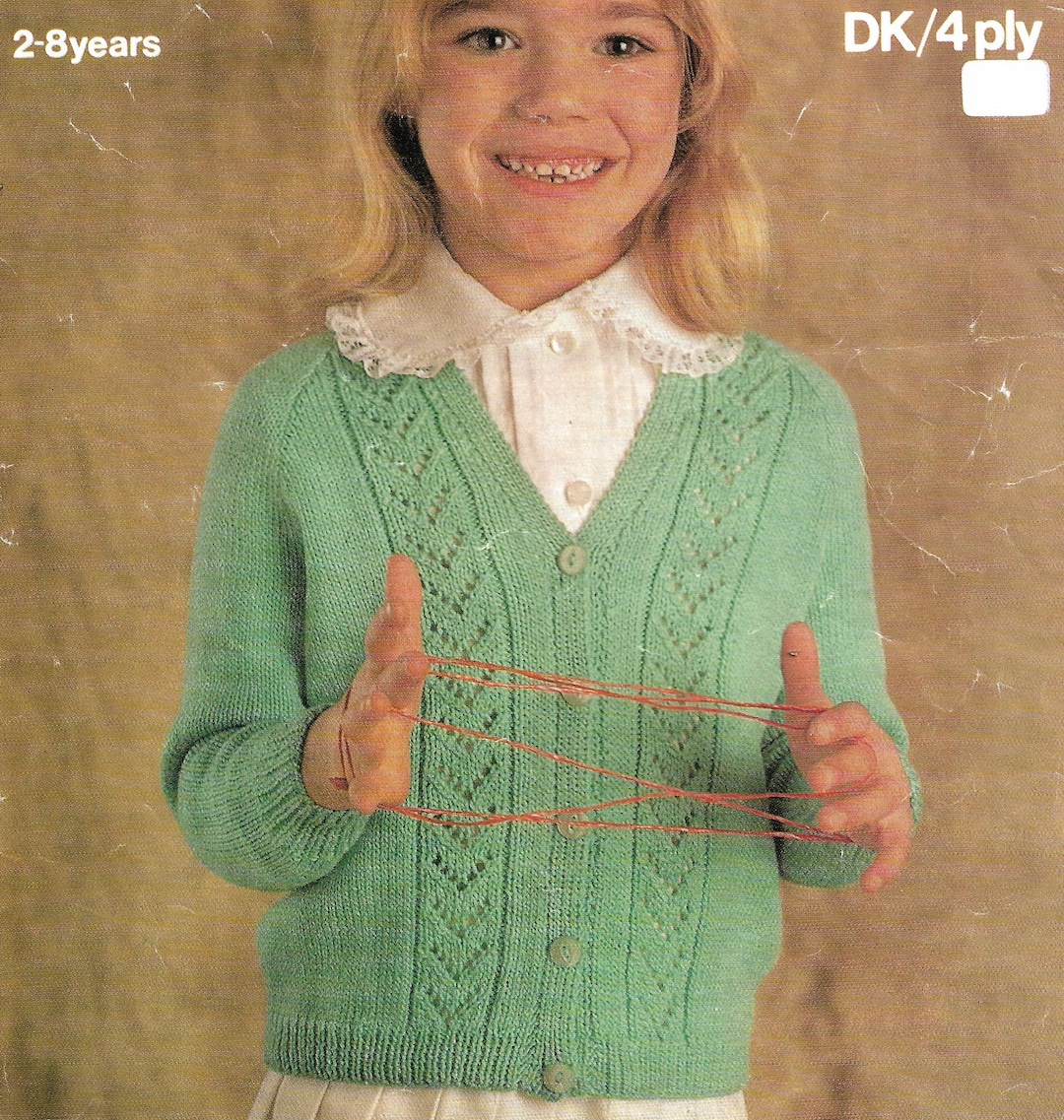 Girls Cardigan Knitting Pattern, V Neck Lacy Button up Top DK 4 Ply ...