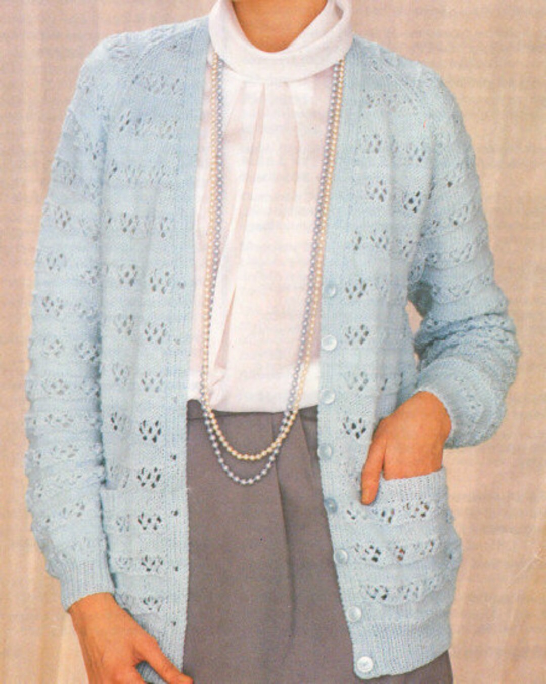Long Line Lace Striped V Neck Button up Cardigan Jacket Double Knitting ...