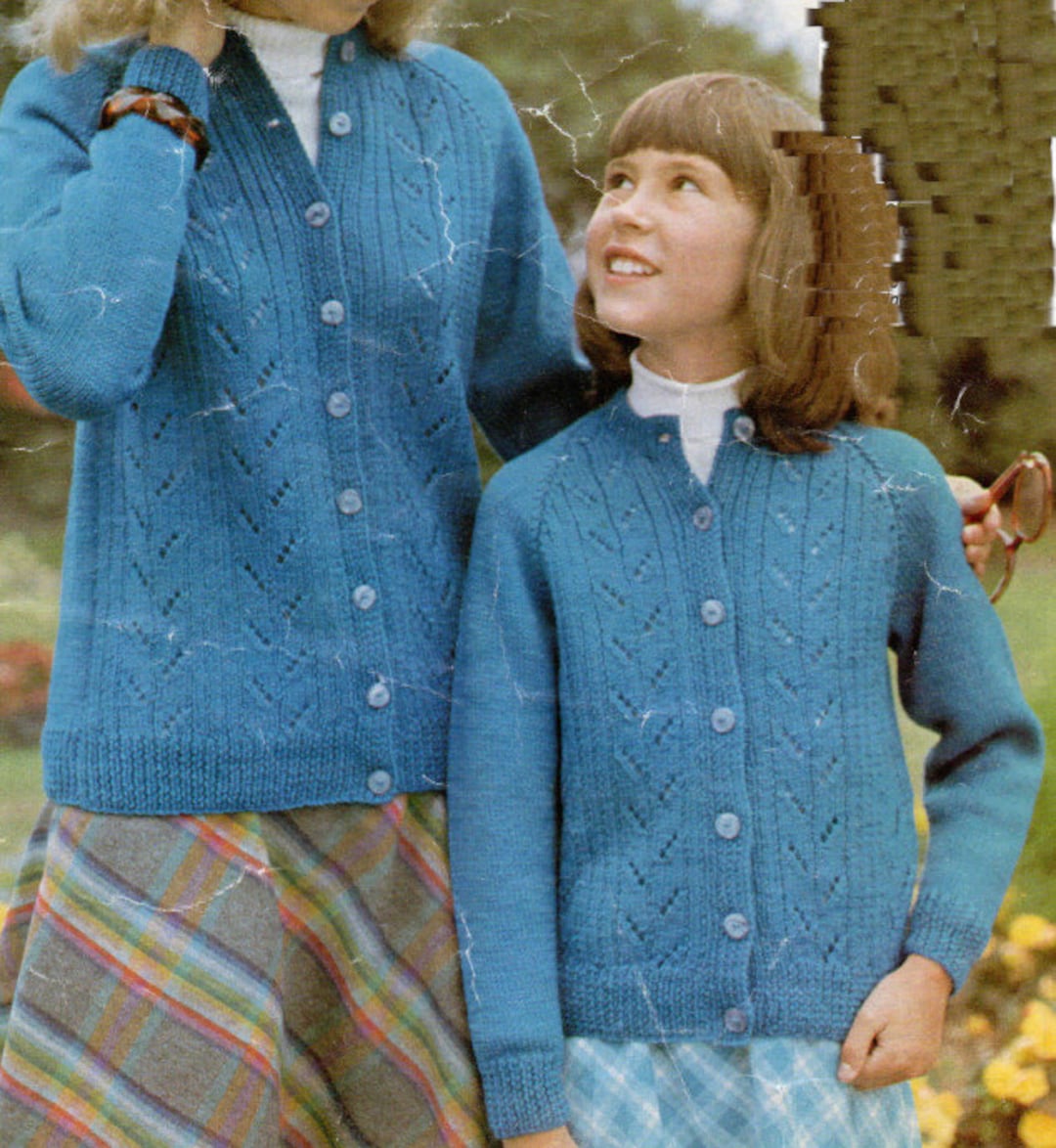 Girls and Womens Round Button up Lacy Pattern Cardigan Knitting Pattern ...