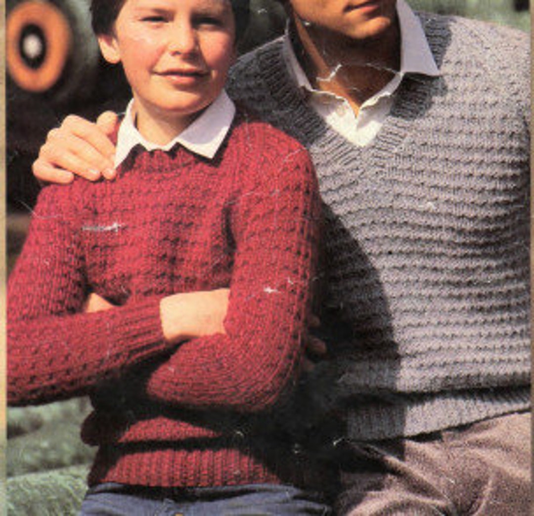 Boys Mens Crew V Neck Long Sleeve Textured Sweater Knitting Pattern PDF ...