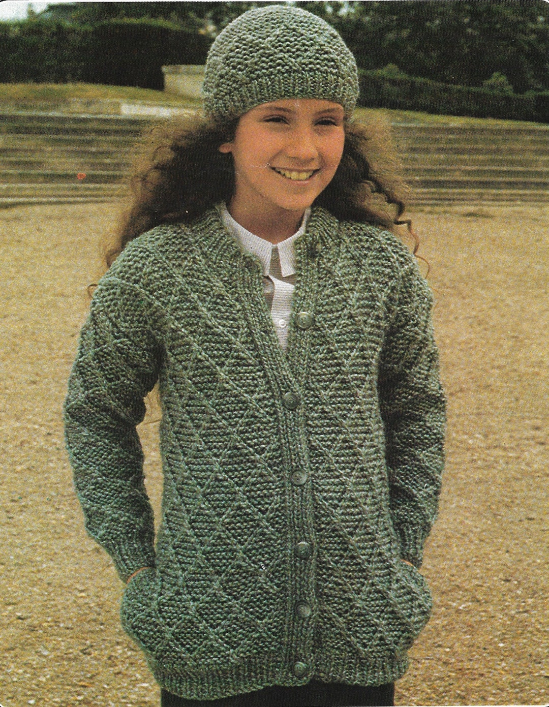 Girl's Cardigan, Hat Knitting Pattern, Chunky Knit Round Neck Button up ...