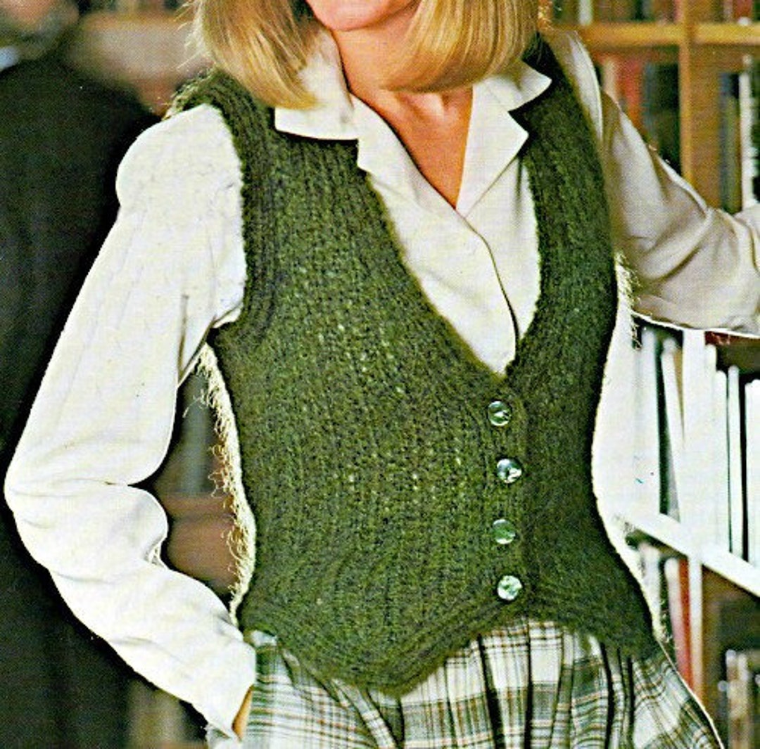 Womens Waistcoat Knitting Pattern V Neck Button up Vest, Sleeveless Top ...