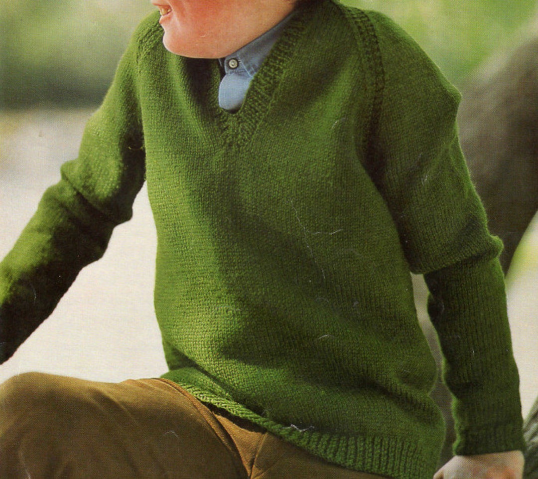 Boy's Sweater Knitting Pattern, V Neck Long Sleeve Top Raglan Jumper ...