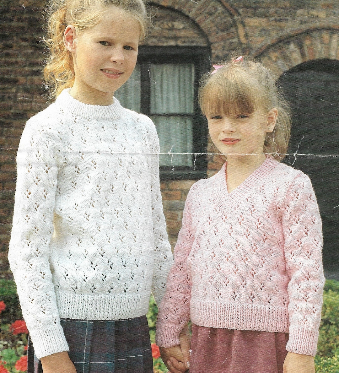 Young Girl's Lacy Crew Neck and V Neck Sweater Jumper DK Knitting ...