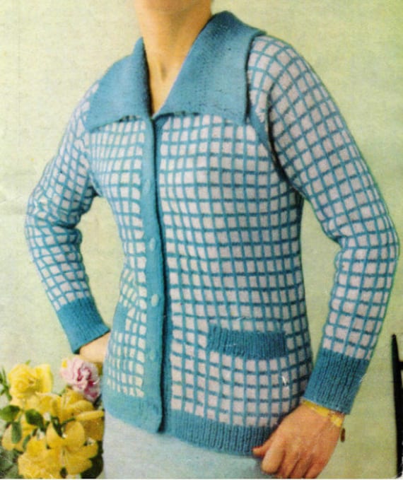 Ladies Two Colour Jacket V Neck With Collar Knitting Pattern | Etsy
