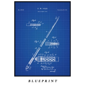 Billiard Cue Blueprint Art, Poster Print, Patent Cue Design, Pool Room ...