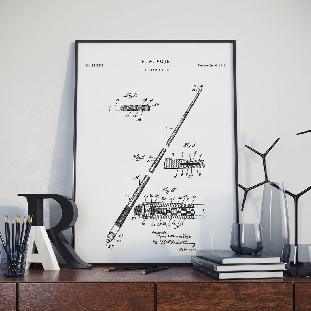Billiard Cue Blueprint Art, Poster Print, Patent Cue Design, Pool Room ...