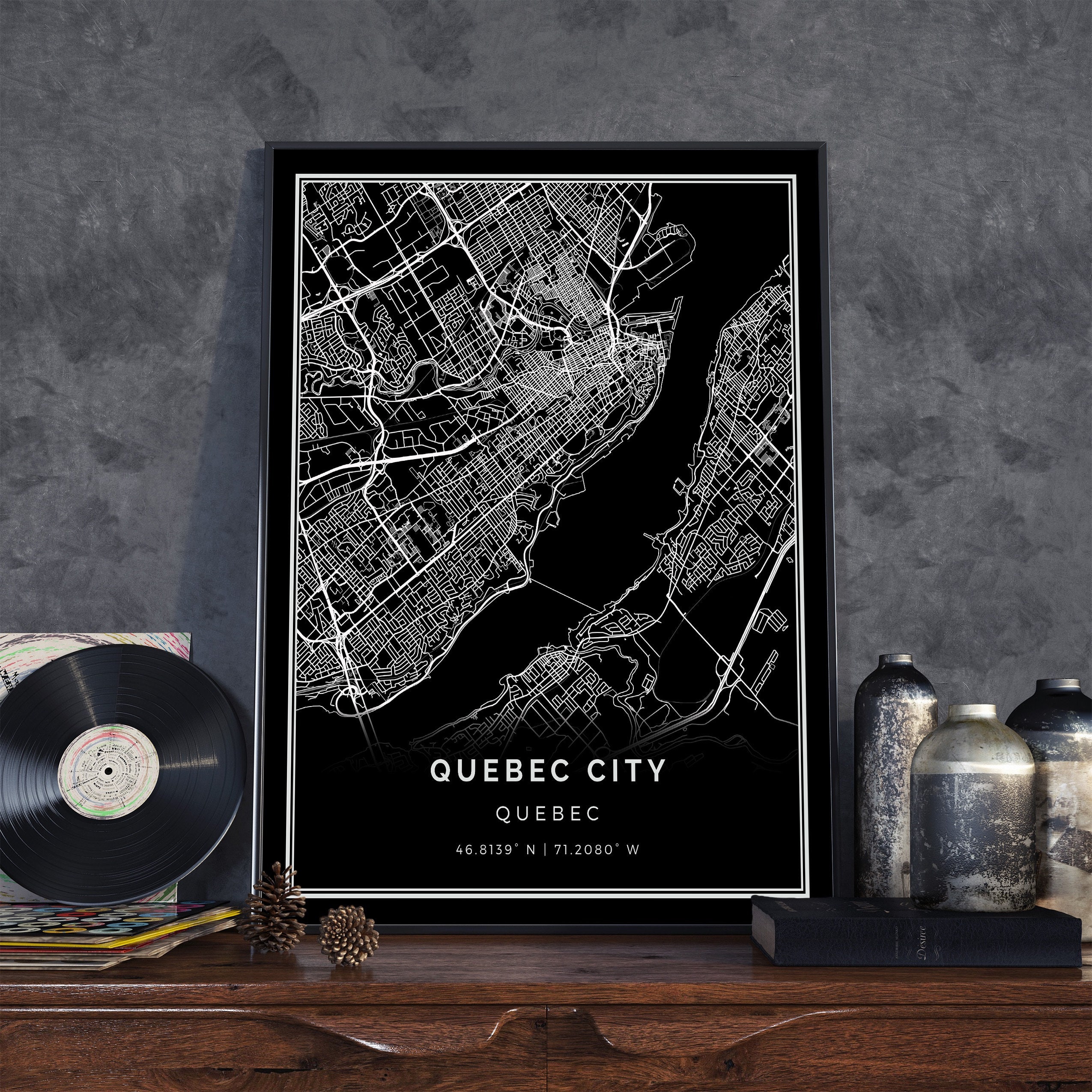 Black white map art Art Using Maps City map poster BM340 Quebec city ...