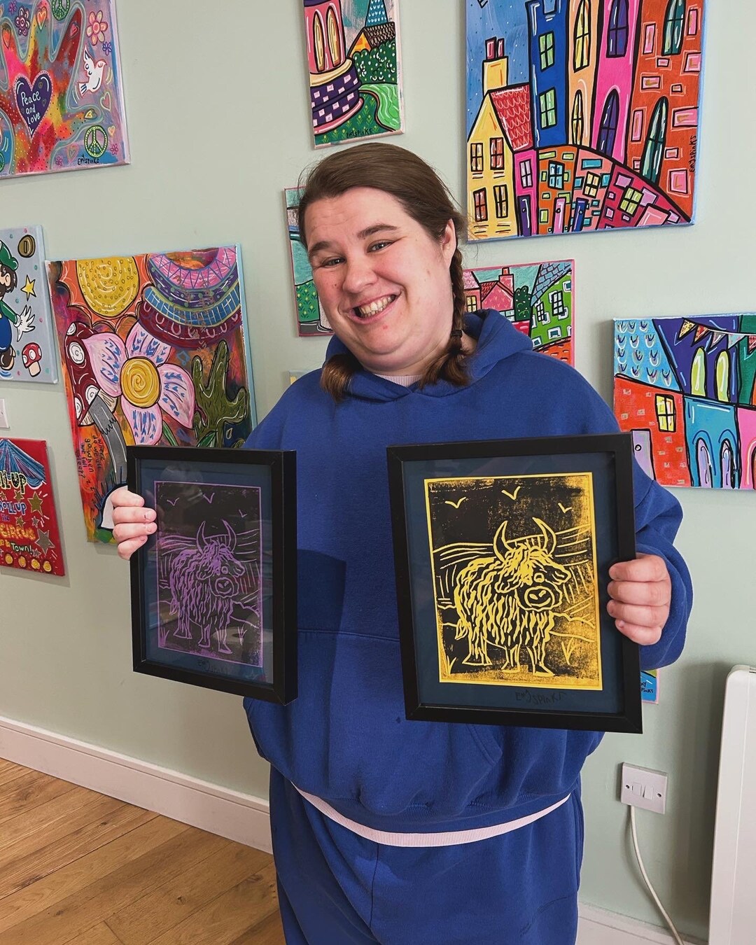 Happy Highland Cow Original Lino Cut Prints Framed 11x9inch by Emy ...