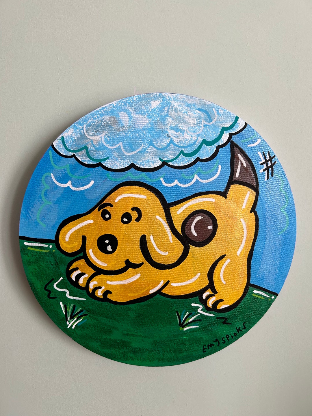 Cartoon Puppies Original Artwork on Round 12inch Canvas by Emy Spinks ...