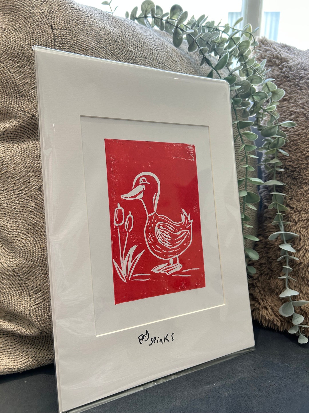 Dennis Duck Original Lino Cut Prints in Red Ink, A4 Mounted by Emy ...