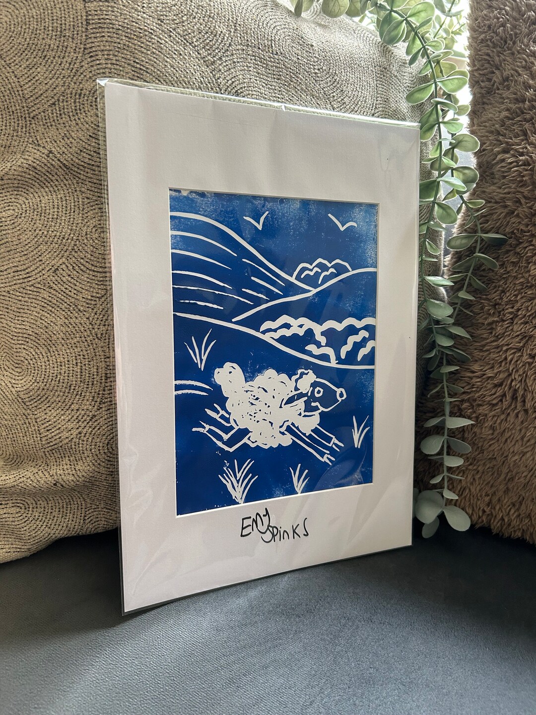 Sheep Leap Original Lino Cut Prints in Blue Ink, A4 Mounted by Emy ...