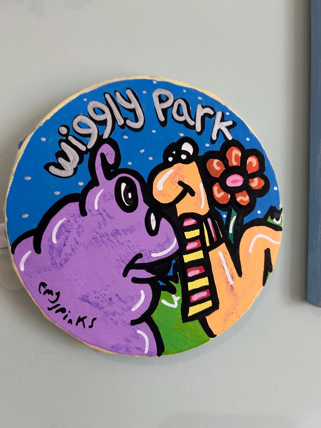 Wiggly Park Cartoon Original Mixed Media Artwork 6inch Diameter Round ...