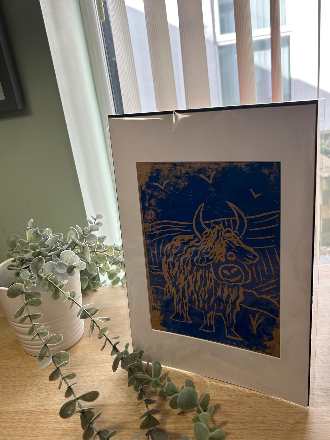 Happy Highland Cow Original Lino Cut Prints in Blue Ink on Recycled ...