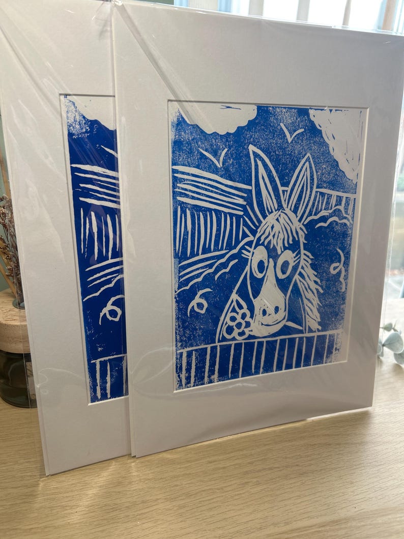 Hettie Horse Original Lino Cut Prints in Blue Ink, A4 Mounted by Emy ...
