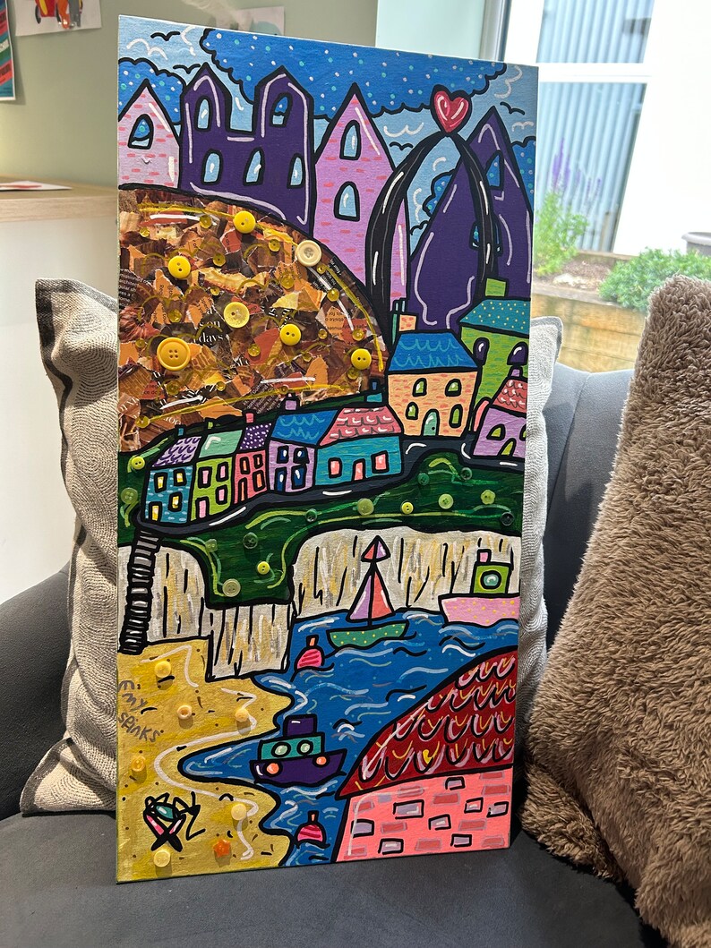 Sunny Day in Whitby Mixed Media 24x12inch Art on Canvas Board by Emy ...