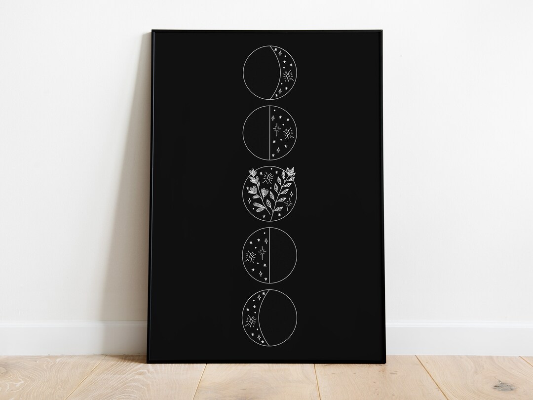 Black Moon Phase Poster A4. Moon Phase Wall Art Print, Fine Line Lunar ...